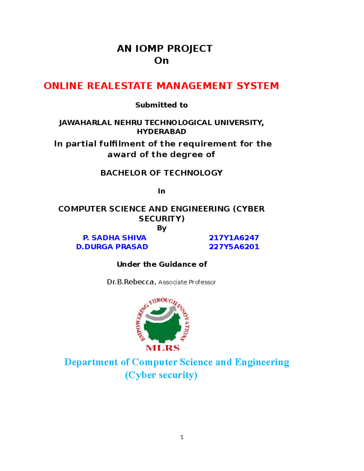Mini project document c223456 - AN IOMP PROJECT On ONLINE REALESTATE MANAGEMENT SYSTEM Submitted ...
