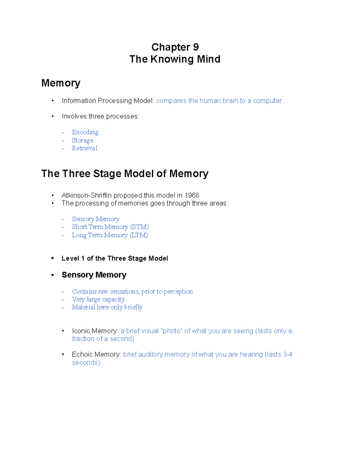 Psych Chapter 9 - Beth Gerace - Chapter 9 The Knowing Mind Memory Information Processing Model ...