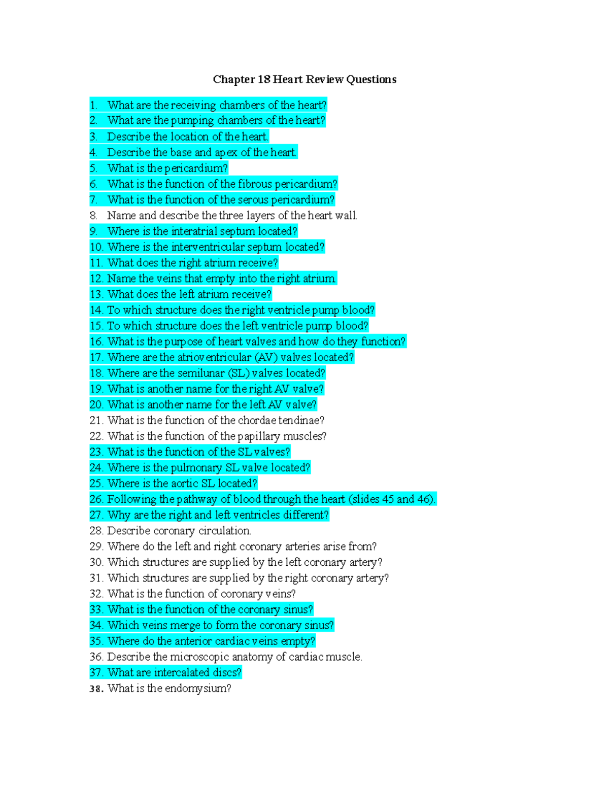 Chapter 18 Heart Review Questions - Chapter 18 Heart Review Questions 1 ...