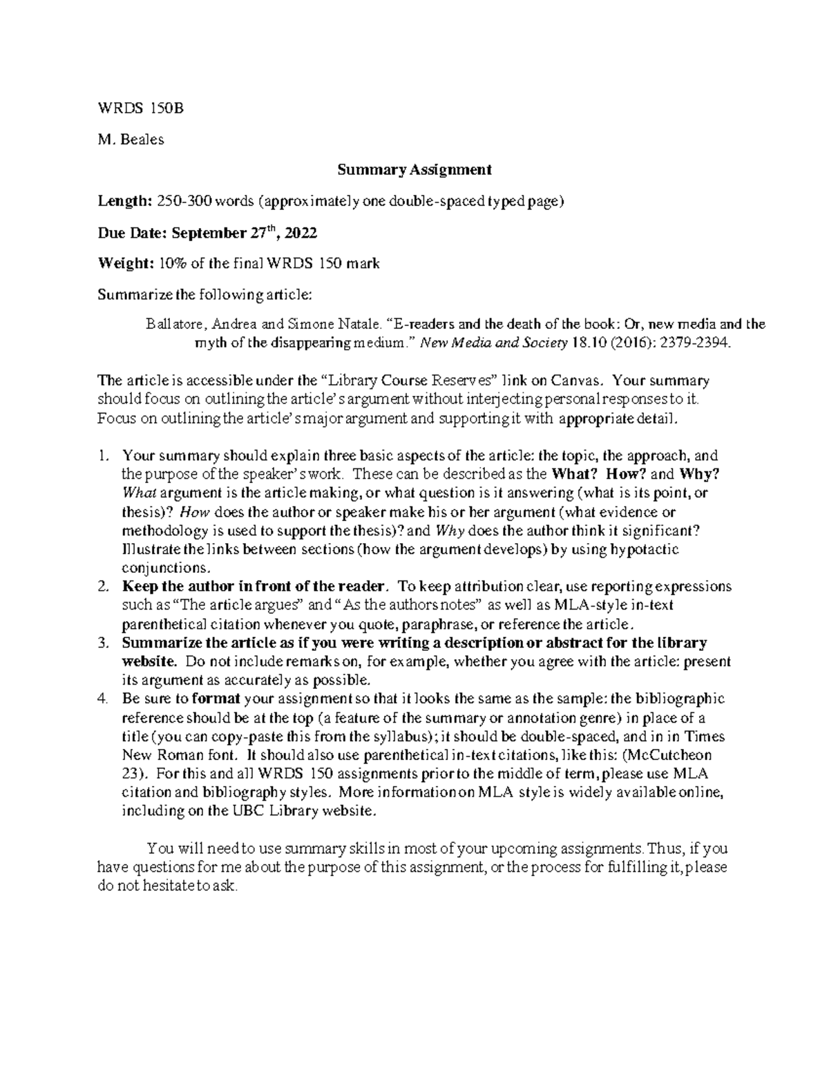 Summary Prompt Fall 2022 150B - WRDS 150B M. Beales Summary Assignment Length: 250-300 words ...