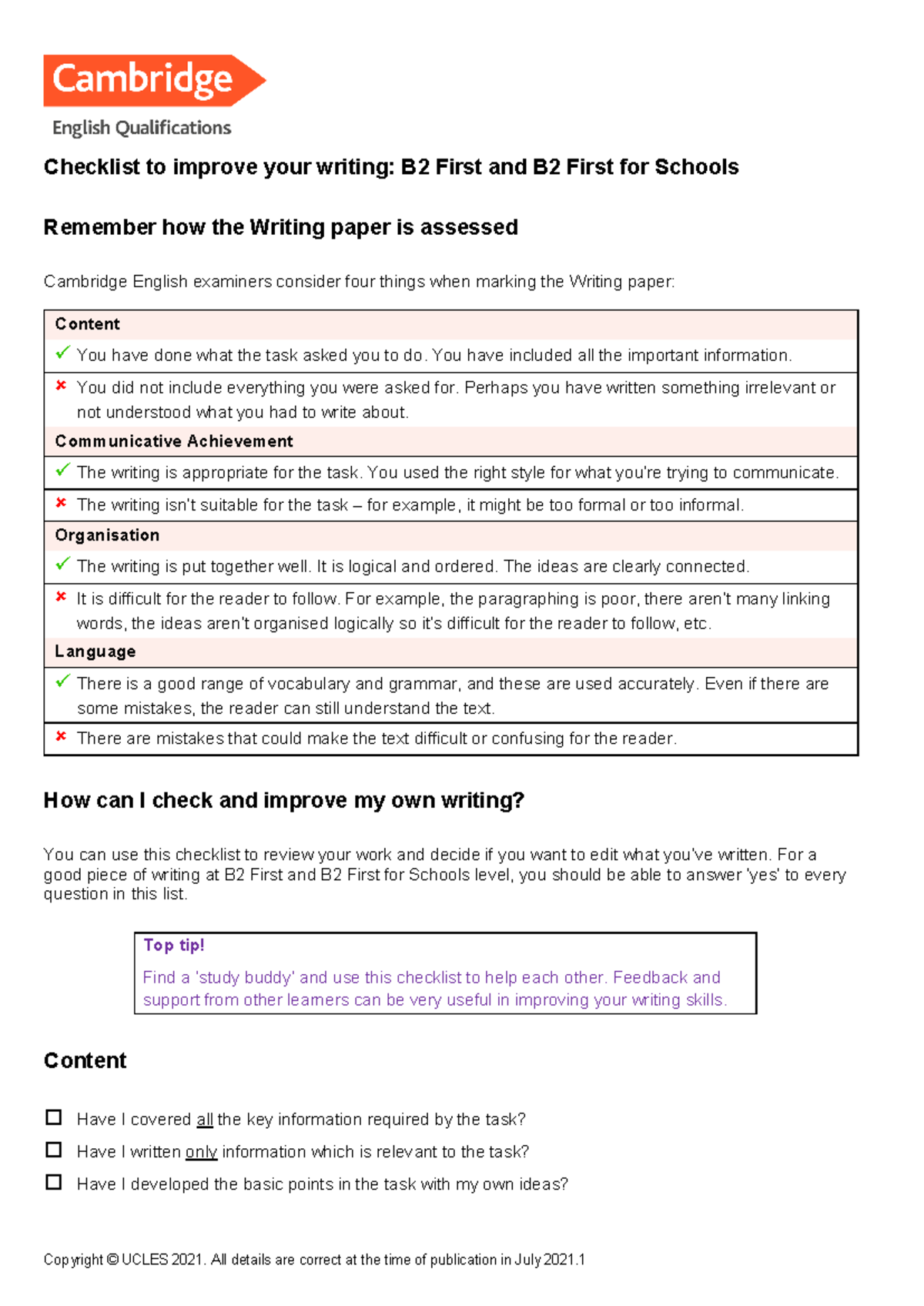 B2 writing checklist - Copyright © UCLES 2021. All details are correct ...