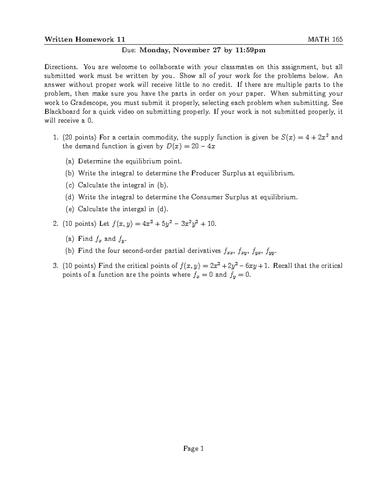 Hw11 - math practice - Written Homework 11 MATH 165 Due: Monday, November 27 by 11:59pm ...
