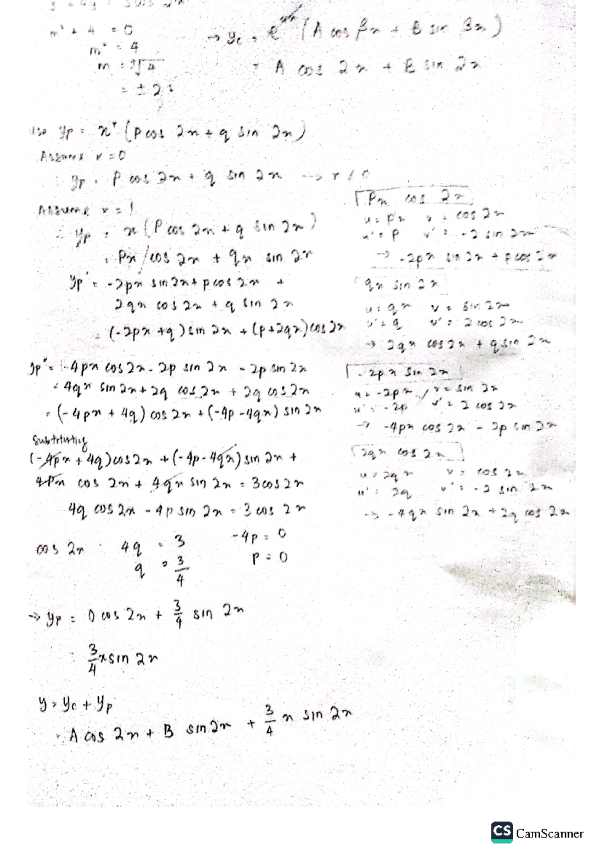 Undetermined coefficient (y''+4y=3cos2x) - Engineering Mathematics II - CamScanner - Studocu