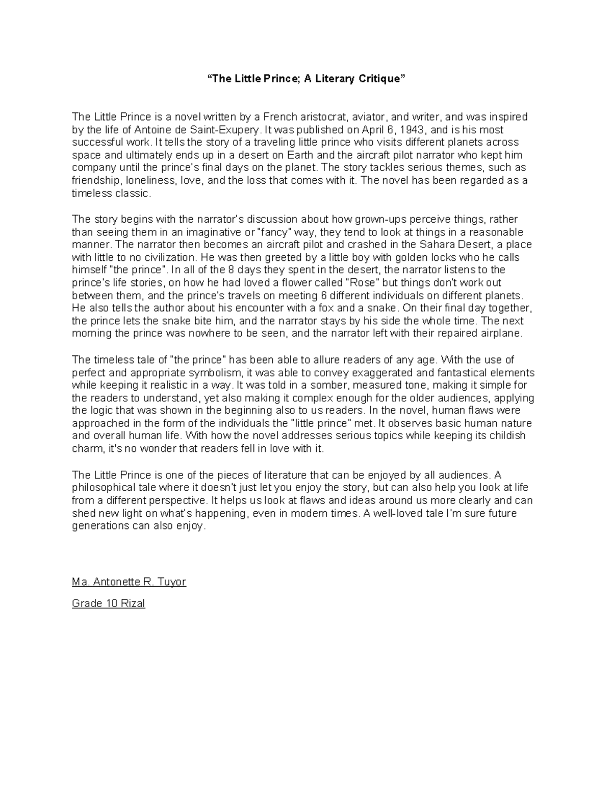 THE Little Prince Critique Tuyor - “The Little Prince; A Literary ...