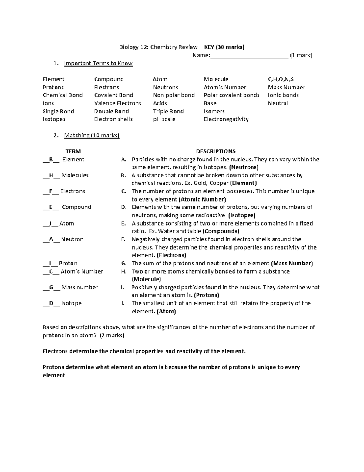 1.0 Chemistry Review Worksheet - Key - Biology 12: Chemistry Review ...