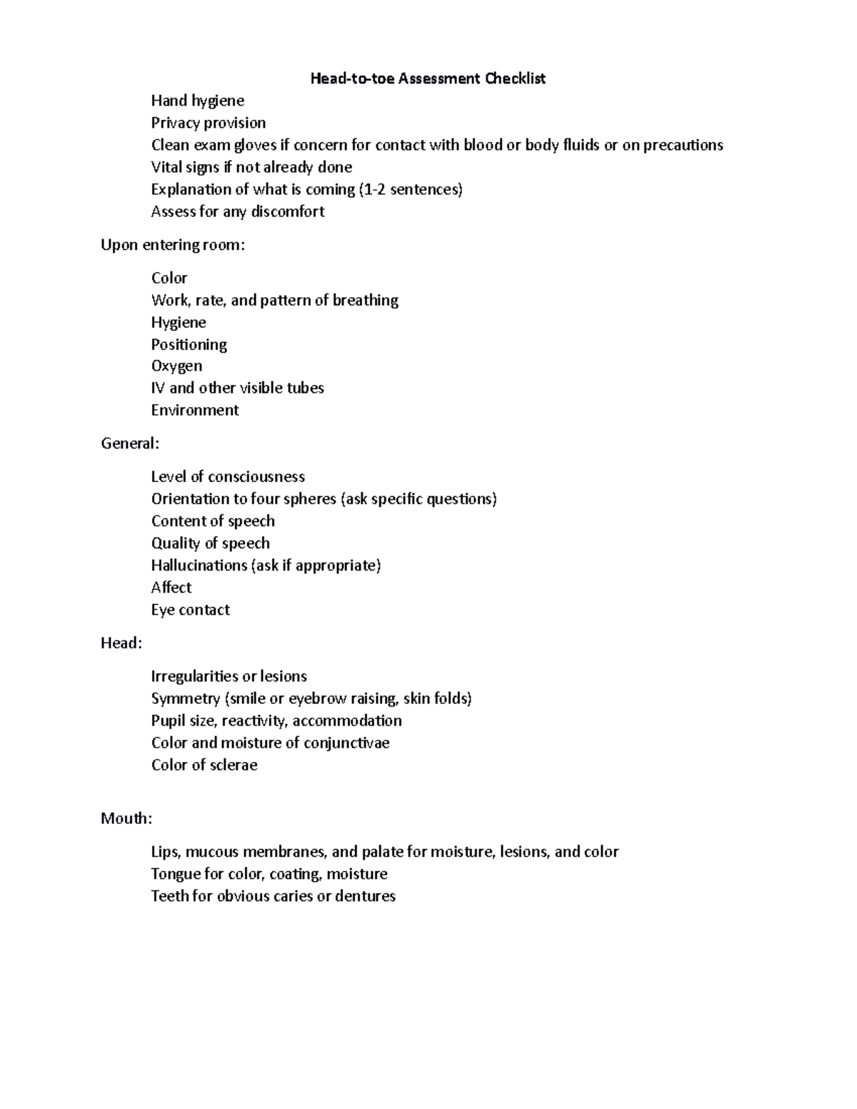 Student head-to-toe assessment checklist - Head-to-toe Assessment ...