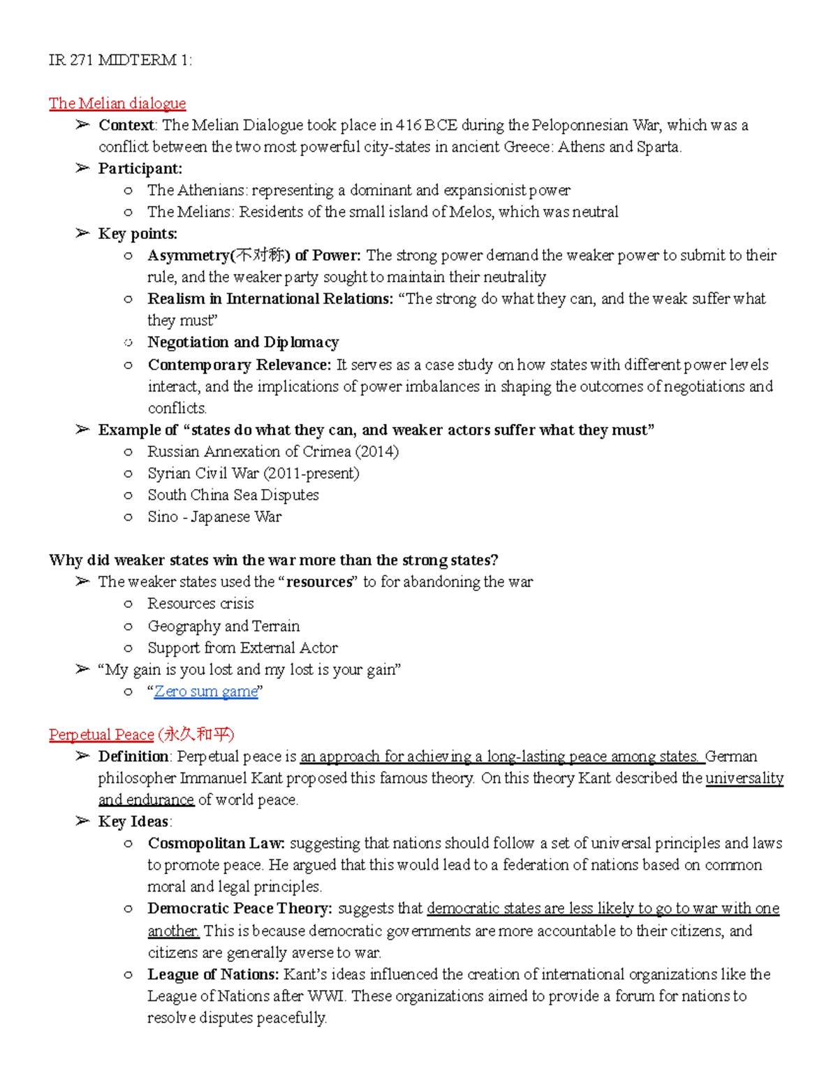 IR 271 Final - note - IR 271 MIDTERM 1: The Melian dialogue Context ...