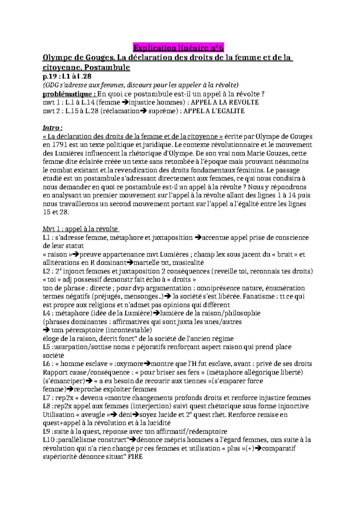 Explication linéaire postambule - Explication linéaire n° Olympe de Gouges, La déclaration des ...