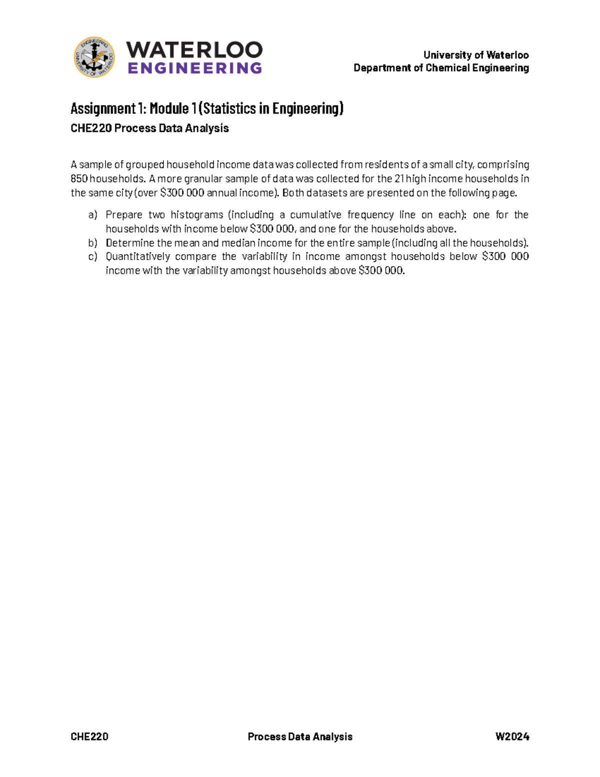 CHE220 W2024 Assignment 1 (Module 1) - University of Waterloo Department of Chemical Engineering ...