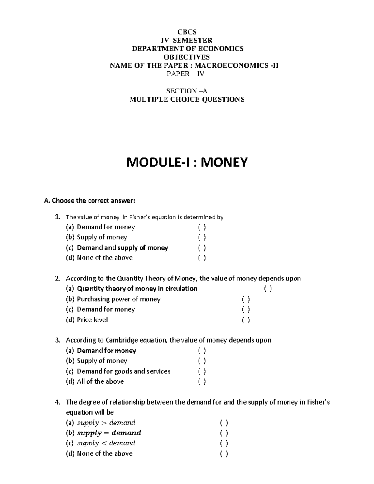 Economics iv question bank - CBCS IV SEMESTER DEPARTMENT OF ECONOMICS ...