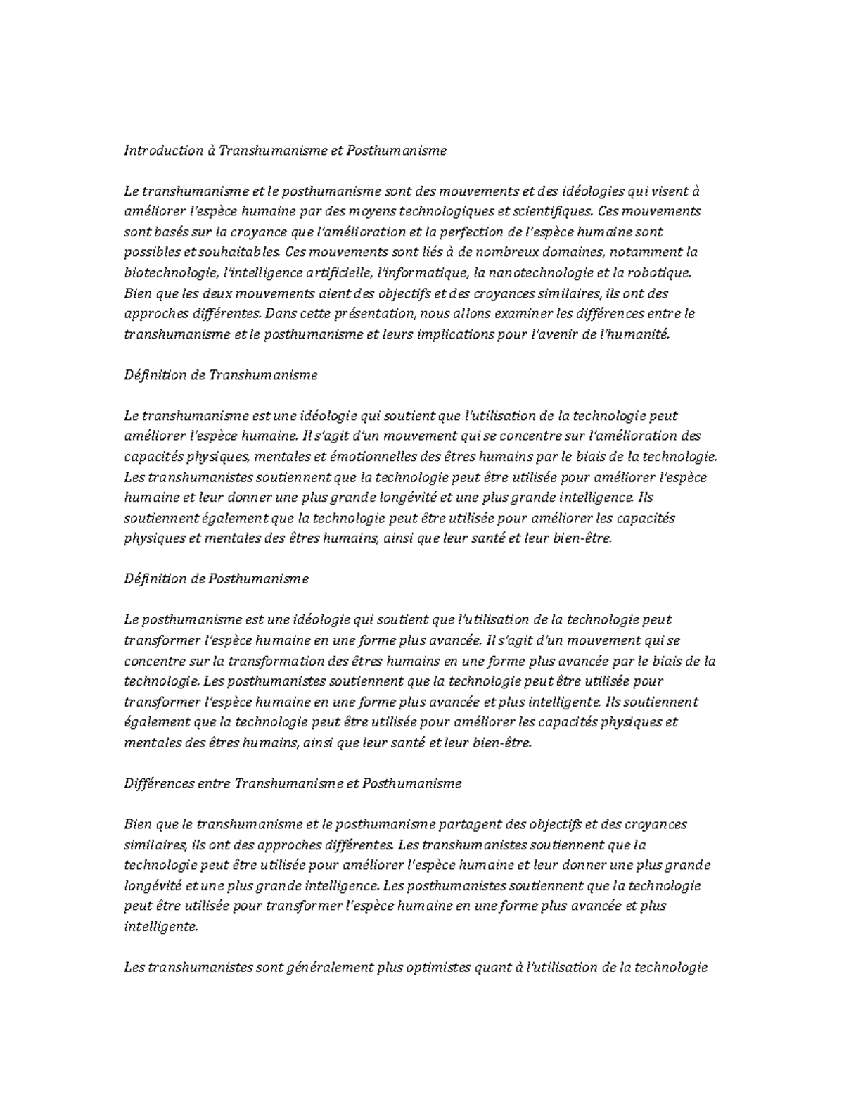 Transhumanism and Posthumanism Notes de cours - Introduction à ...