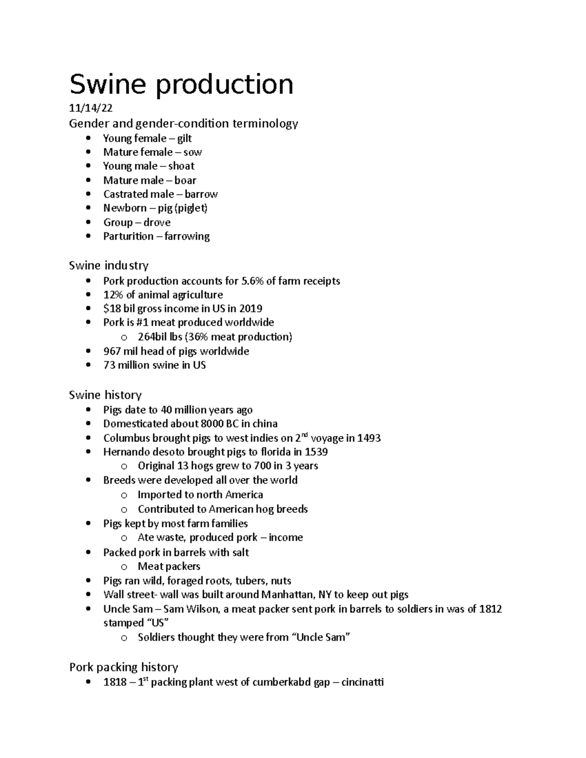 Swine production - class notes animal science uark yancey - Swine ...