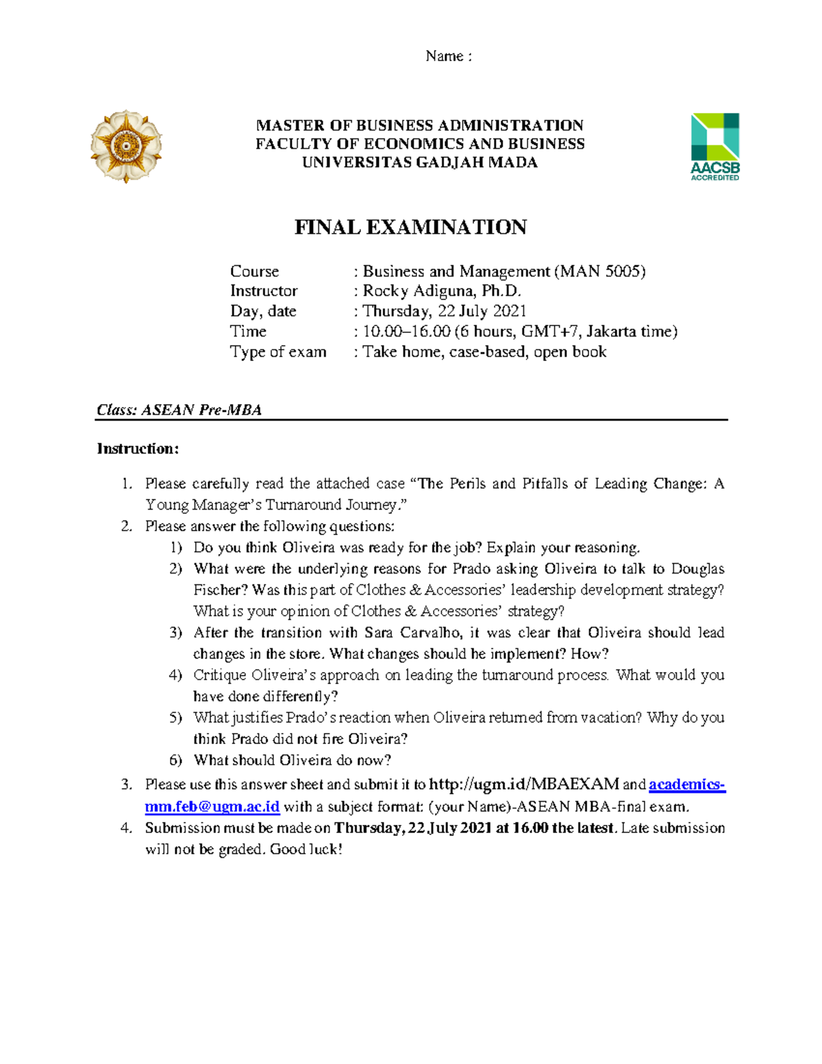 Answer Sheet - Final Exam B&M - Asean Pre MBA - Name : MASTER OF ...