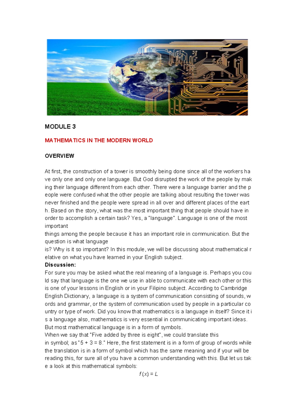 Module MMW 3 - ....... - MODULE 3 MATHEMATICS IN THE MODERN WORLD OVERVIEW At first, the - Studocu