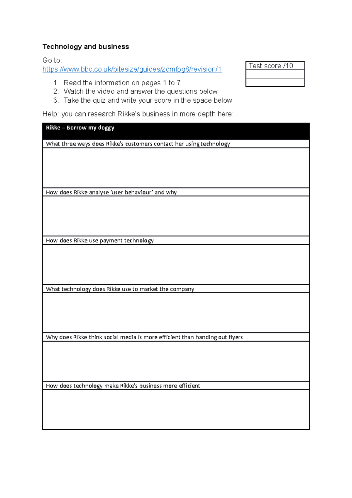 Technology and business Homework Sheet - Technology and business Go to ...