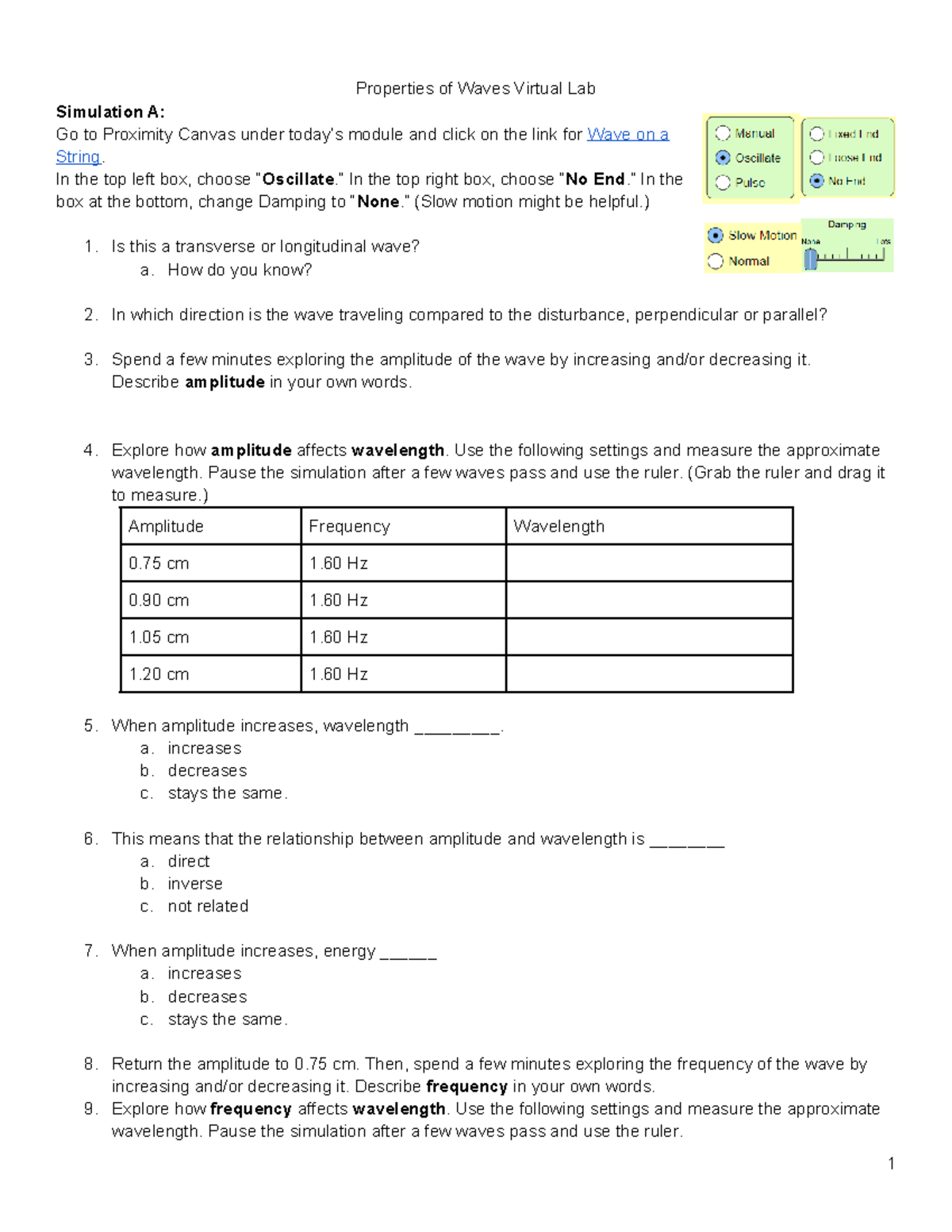 Waves Virtual Lab - Properties of Waves Virtual Lab Simulation A: Go to ...
