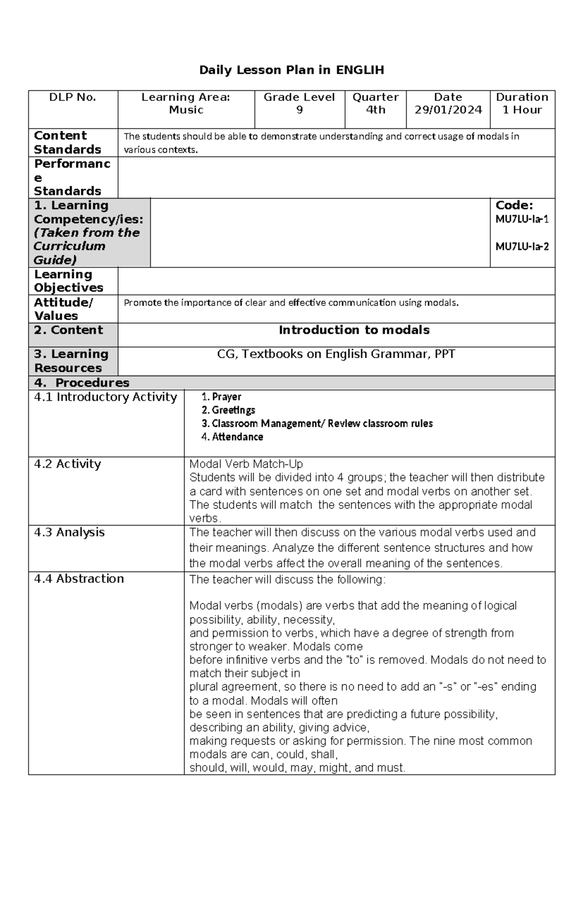 4As Lesson Plan - Daily Lesson Plan in ENGLIH DLP No. Learning Area ...