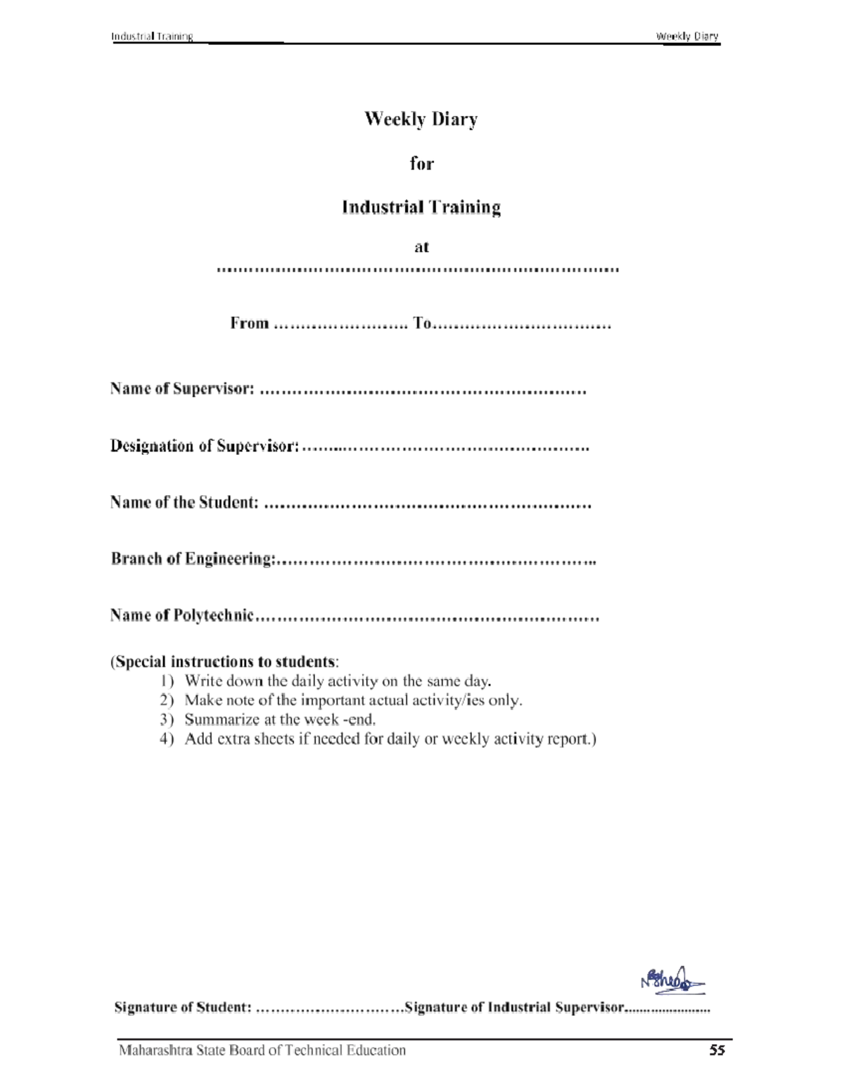 6 week diary format - No...... - Industrial Training Weekly Diary ...