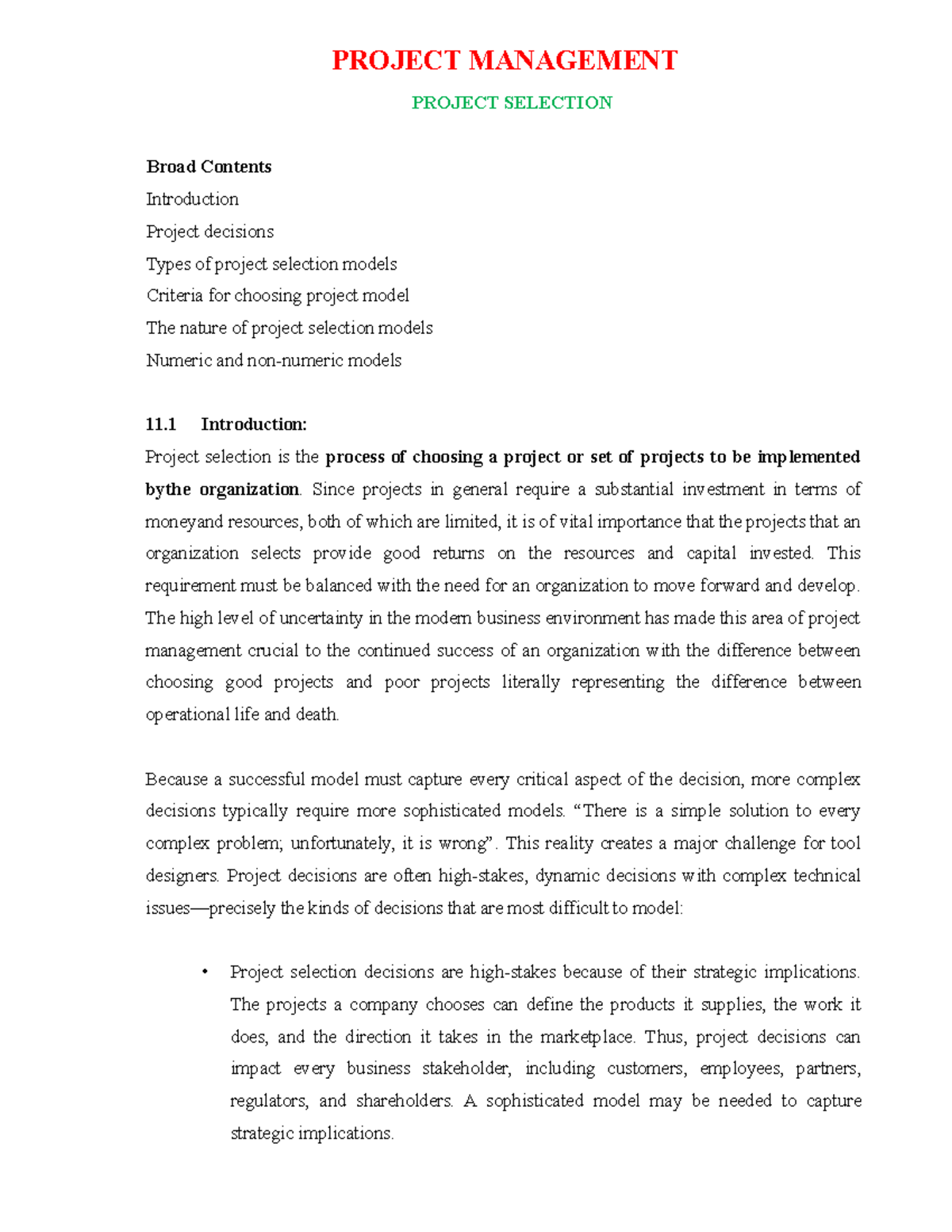 Ch07 Project Selection - PROJECT MANAGEMENT PROJECT SELECTION Broad Contents Introduction ...