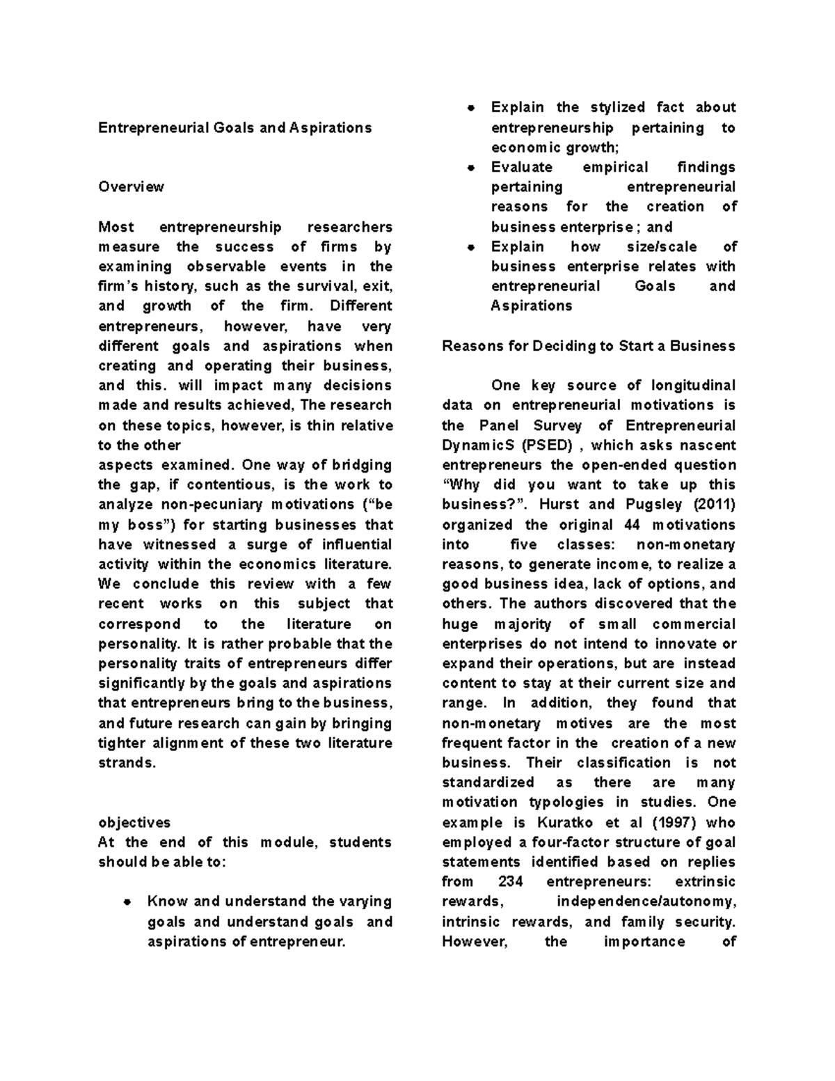 Entrep Module 7 Notes - Entrepreneurial Goals and Aspirations Overview ...