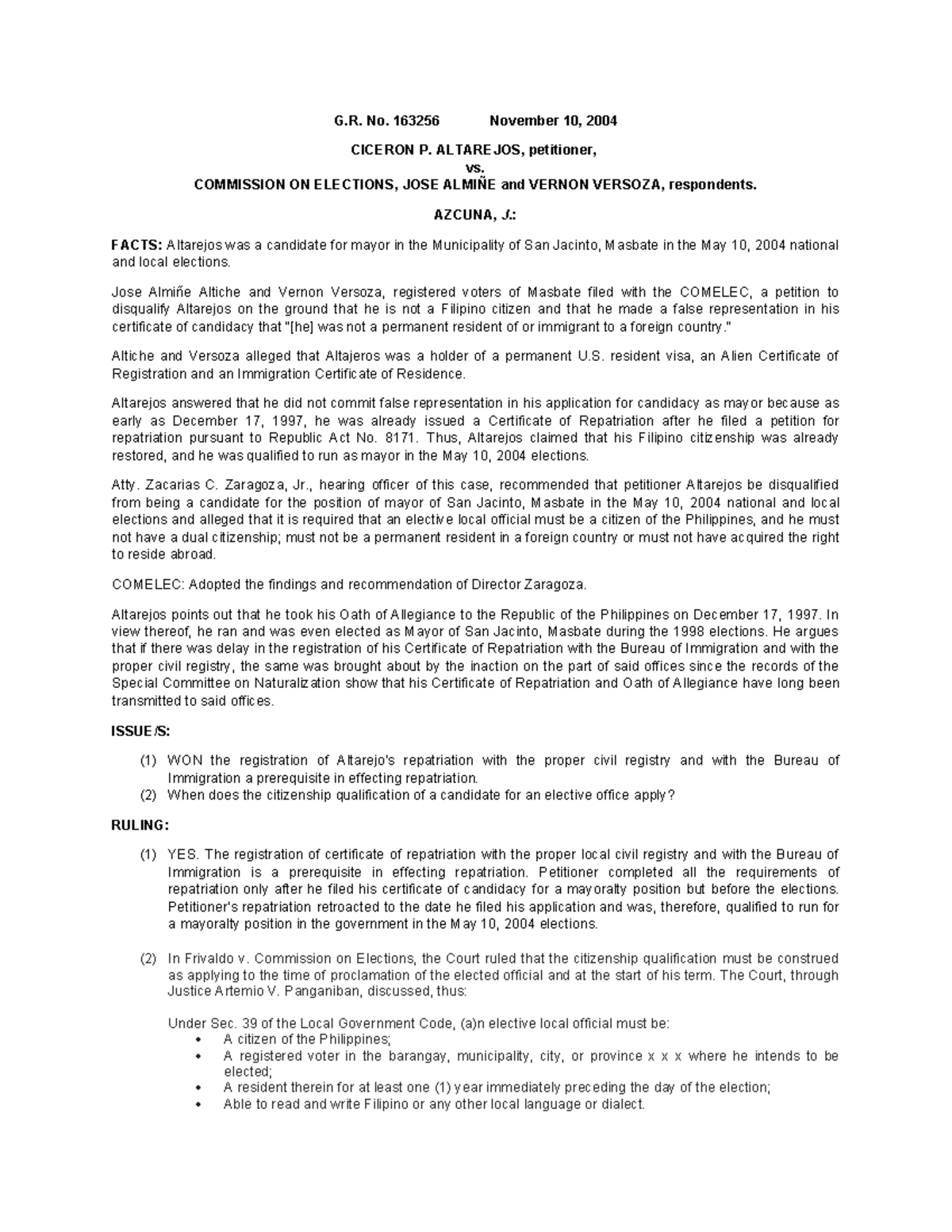 Altarejos vs Comelec - G. No. 163256 November 10, 2004 CICERON P ...