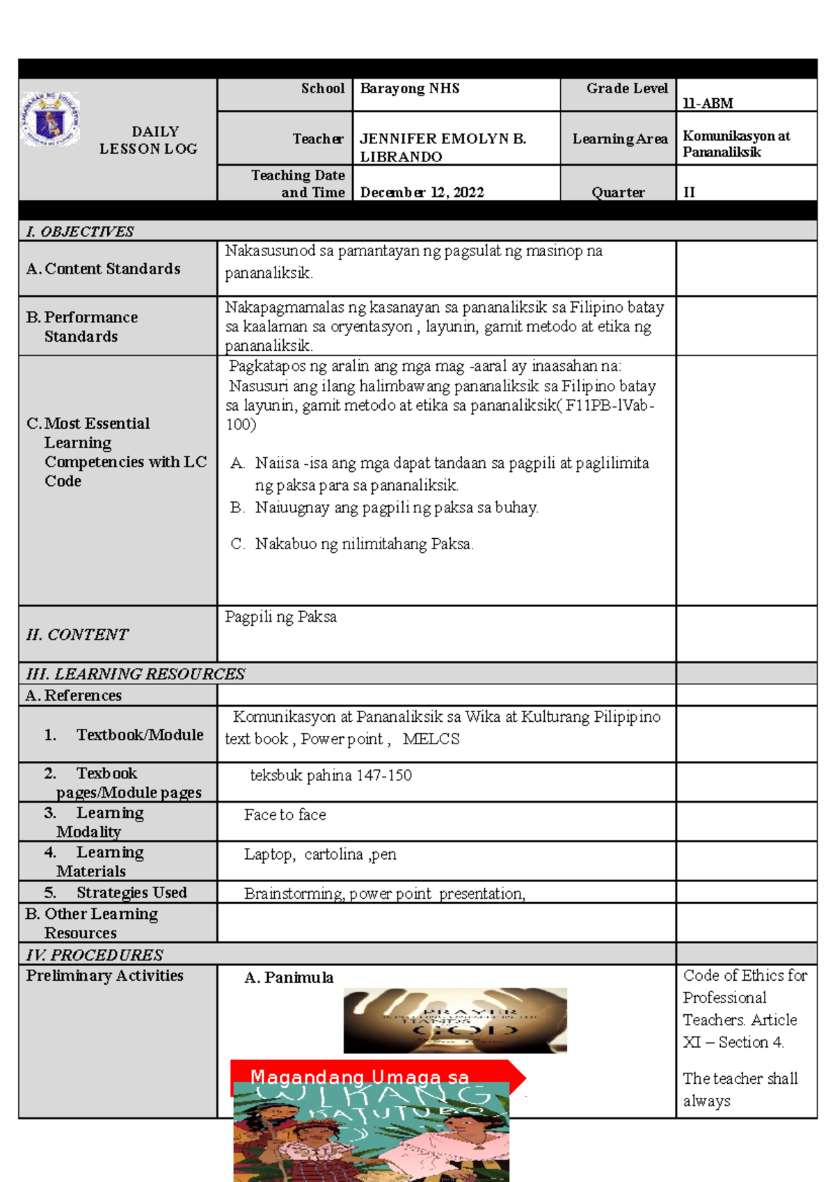 2022-CO 1-Lesson Plan JEN - DAILY LESSON LOG 11-ABM Teacher JENNIFER ...