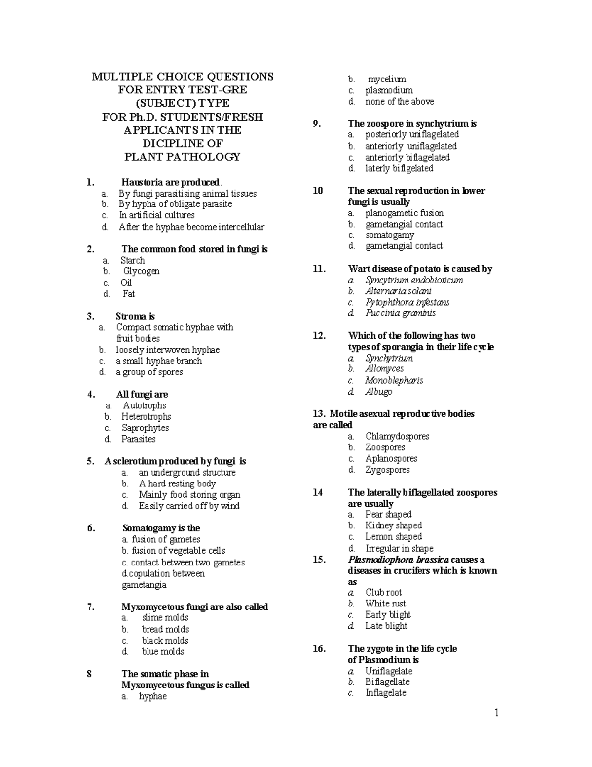 Plant Pathology - mcqs - MULTIPLE CHOICE QUESTIONS FOR ENTRY TEST-GRE ...