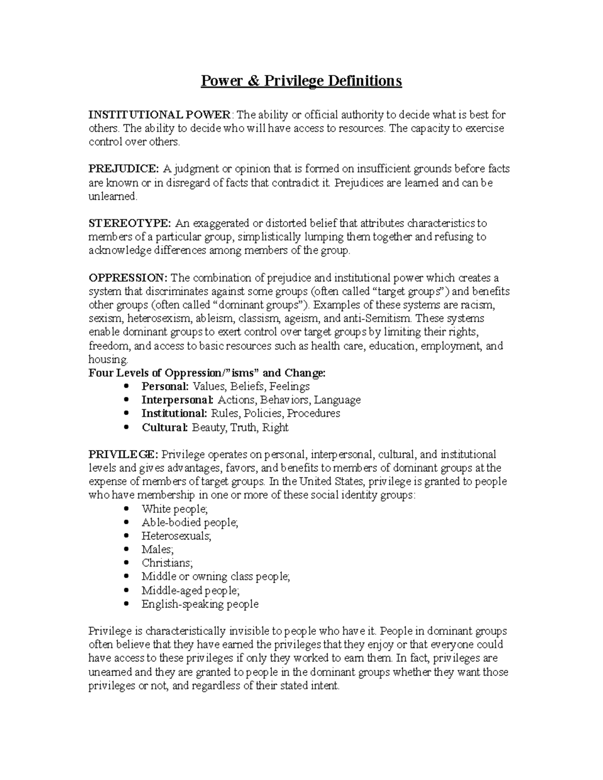 Understanding Privilege and Oppression Handout - Power & Privilege ...