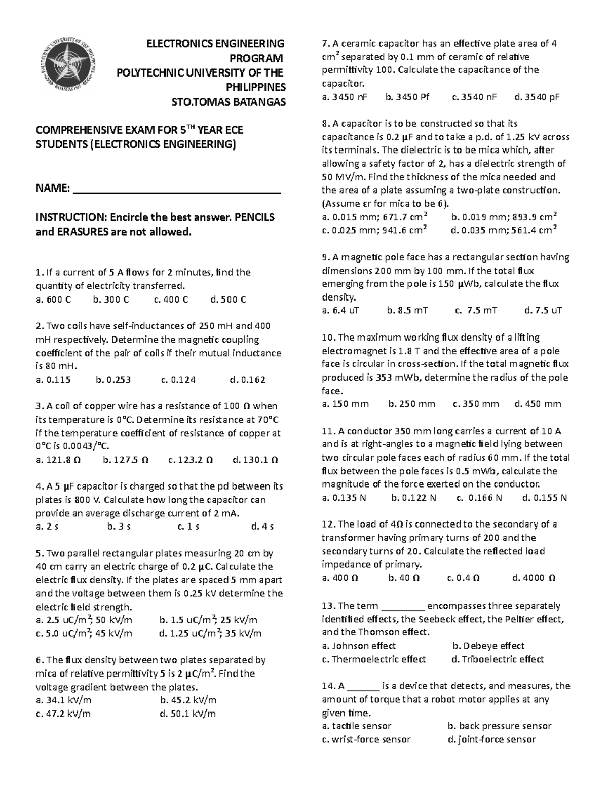 Comprehensive Exam-Electronics - ELECTRONICS ENGINEERING PROGRAM POLYTECHNIC UNIVERSITY OF THE ...