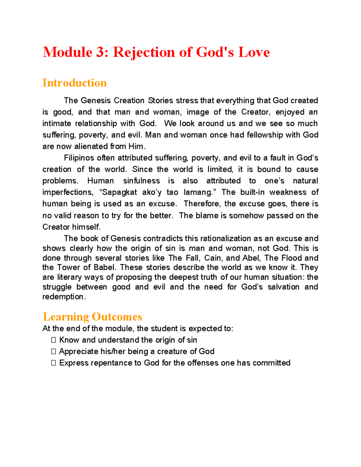 Rel Ed 1 sc Module 3 Rejection of God's Love - Module 3: Rejection of ...