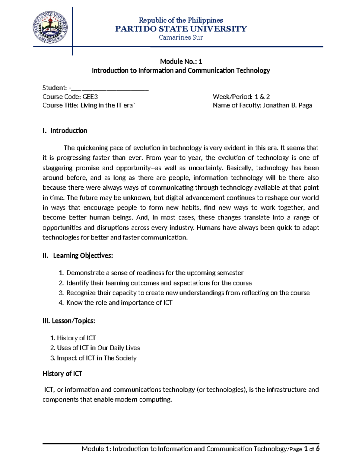 GEE3 Module 1 - PARTIDO STATE UNIVERSITY Camarines Sur Module No.: 1 ...