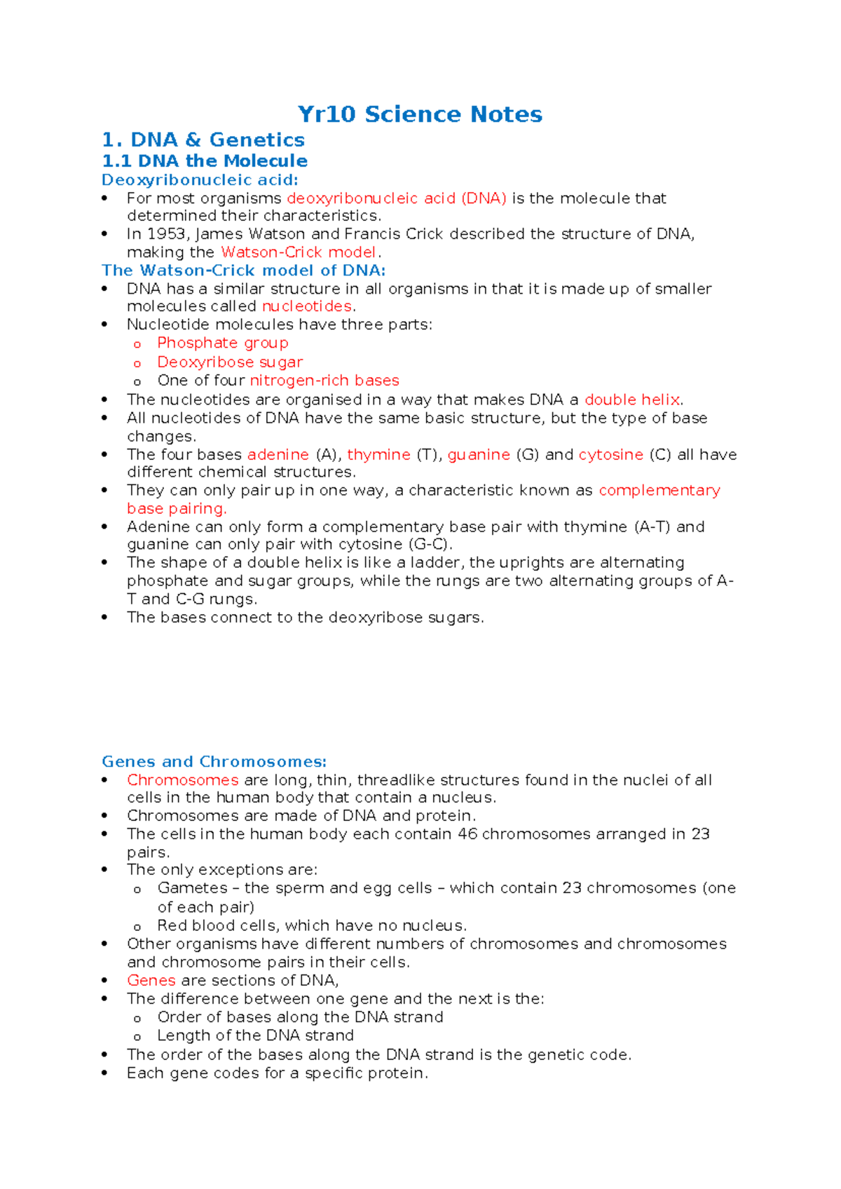 Year 10 Topic 1 Science Notes - Yr10 Science Notes 1. DNA & Genetics 1 ...