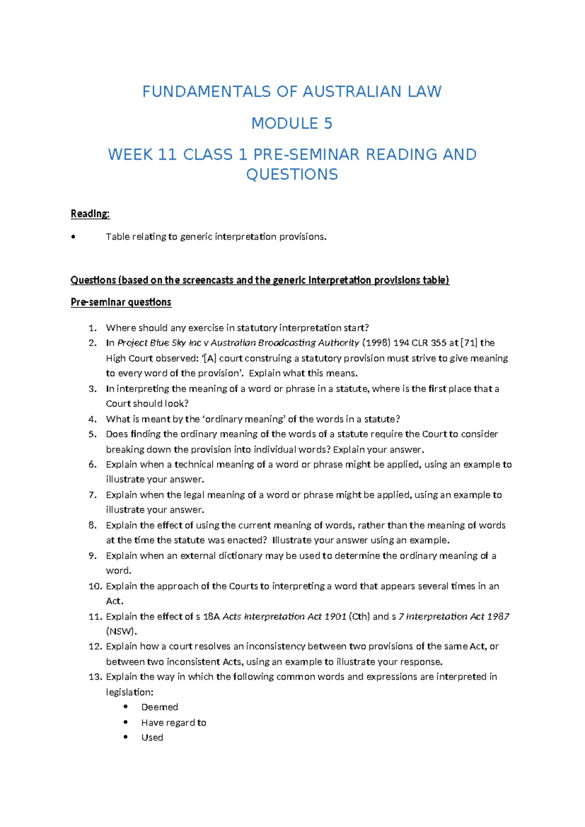 Week 11.1 Pre-seminar reading and questions Aut 2024 - FUNDAMENTALS OF ...