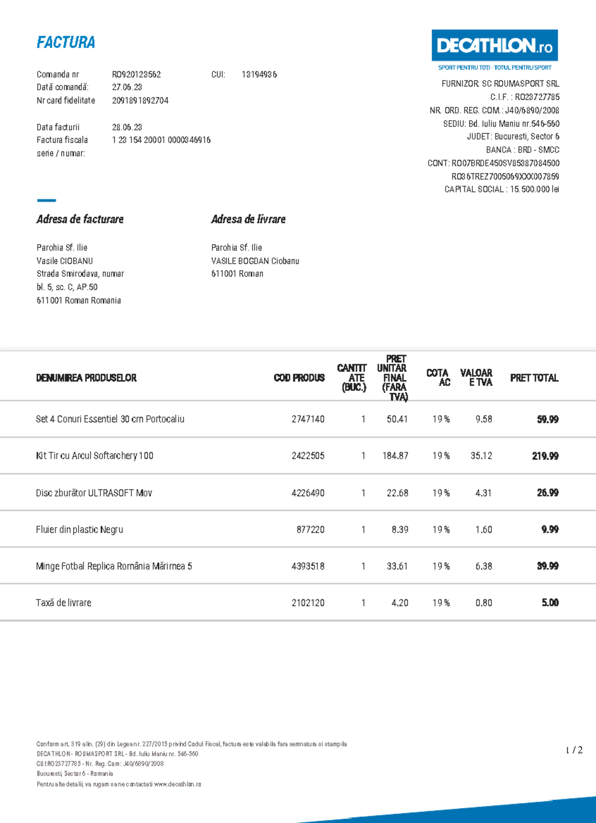 Decathlon-invoice-1231542000 10000346916 - FACTURA Comanda nr Dată ...