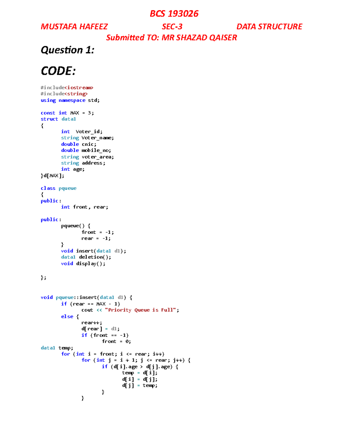 A-2 Solution - sol - MUSTAFA HAFEEZ SEC-3 DATA STRUCTURE Submitted TO ...