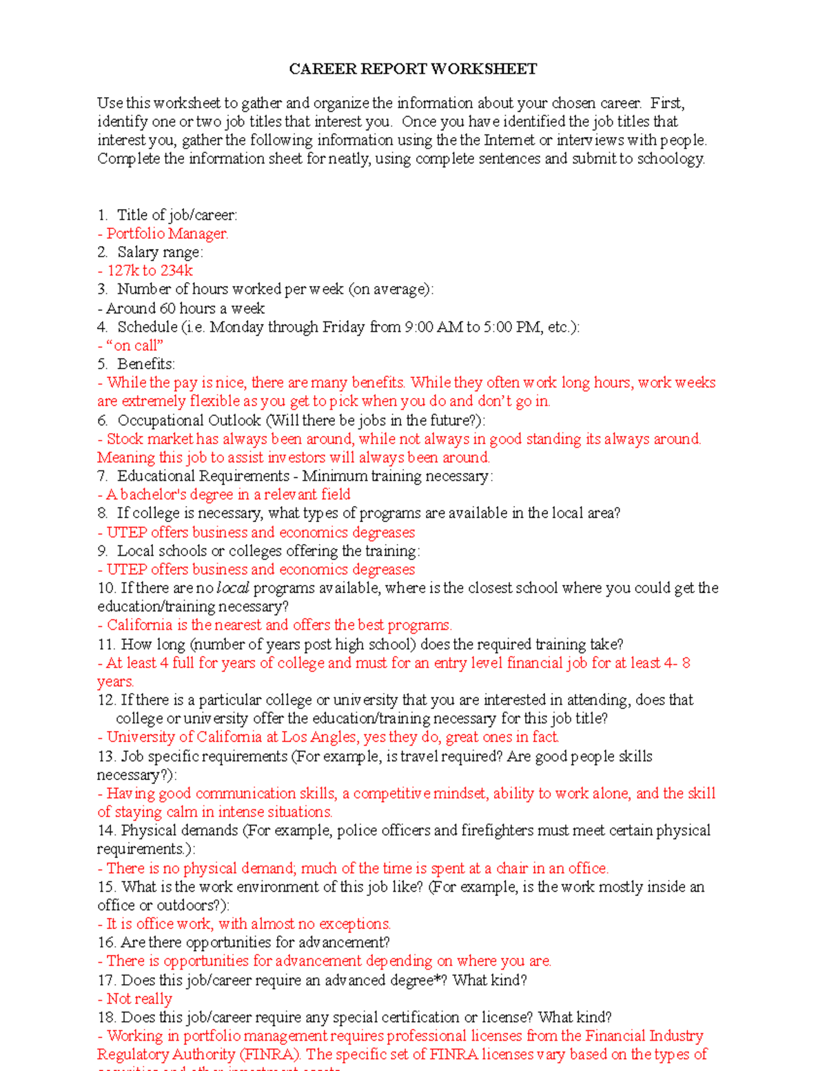 Career Report Worksheet - CAREER REPORT WORKSHEET Use this worksheet to ...