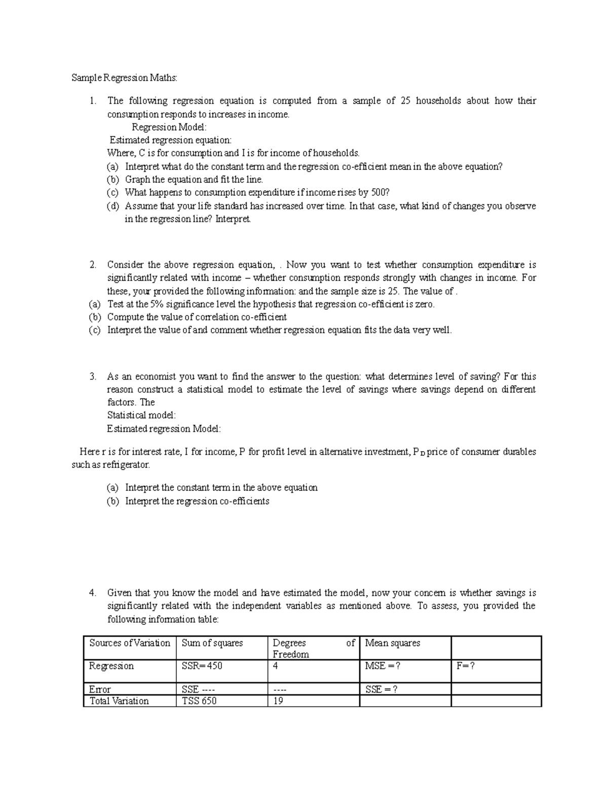 Sample regression maths - Sample Regression Maths: The following ...