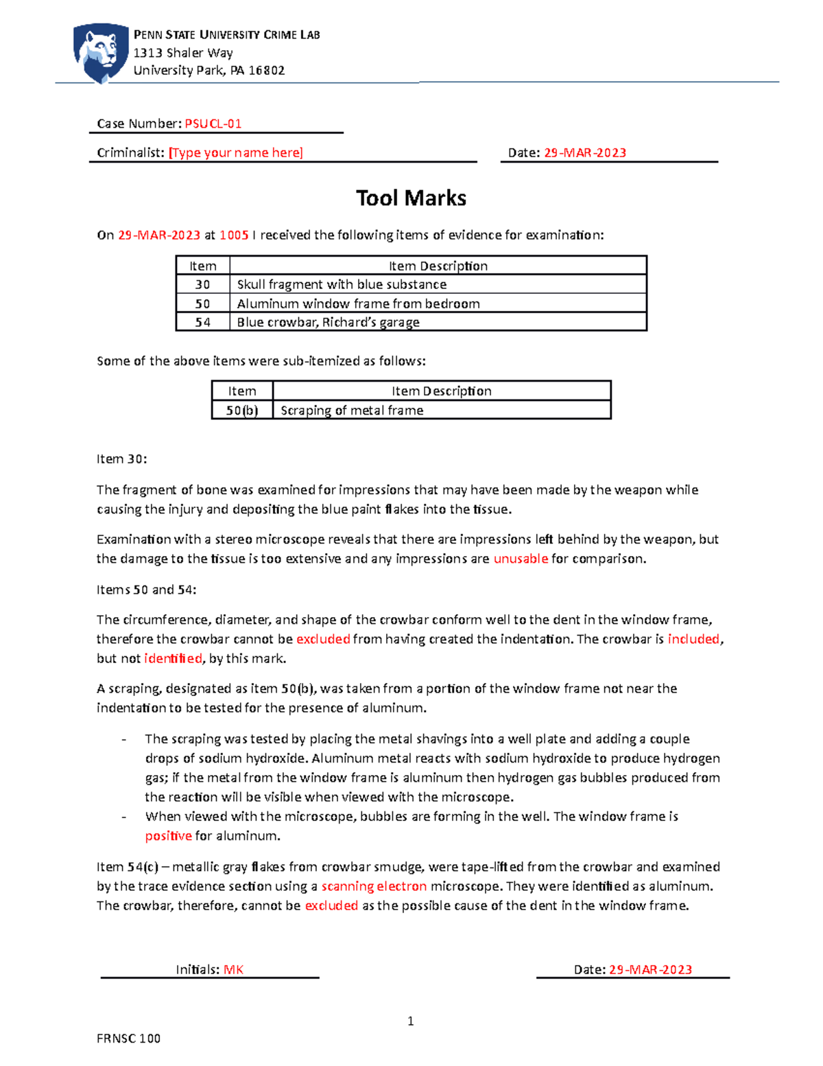 Case- Tool Marks - Case notes - PENN STATE UNIVERSITY CRIME LAB 1313 ...