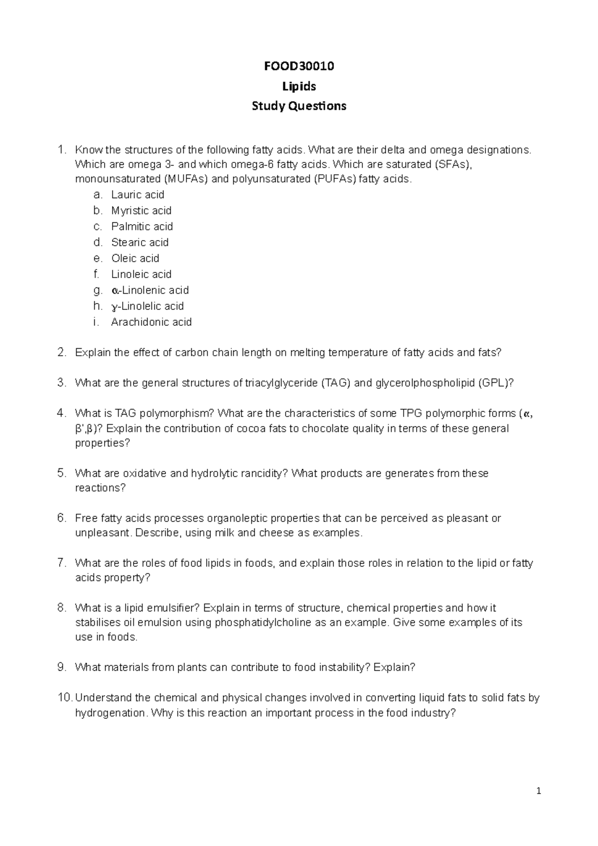 Sample/practice exam November 2018, questions - FOOD30010 Lipids Study ...