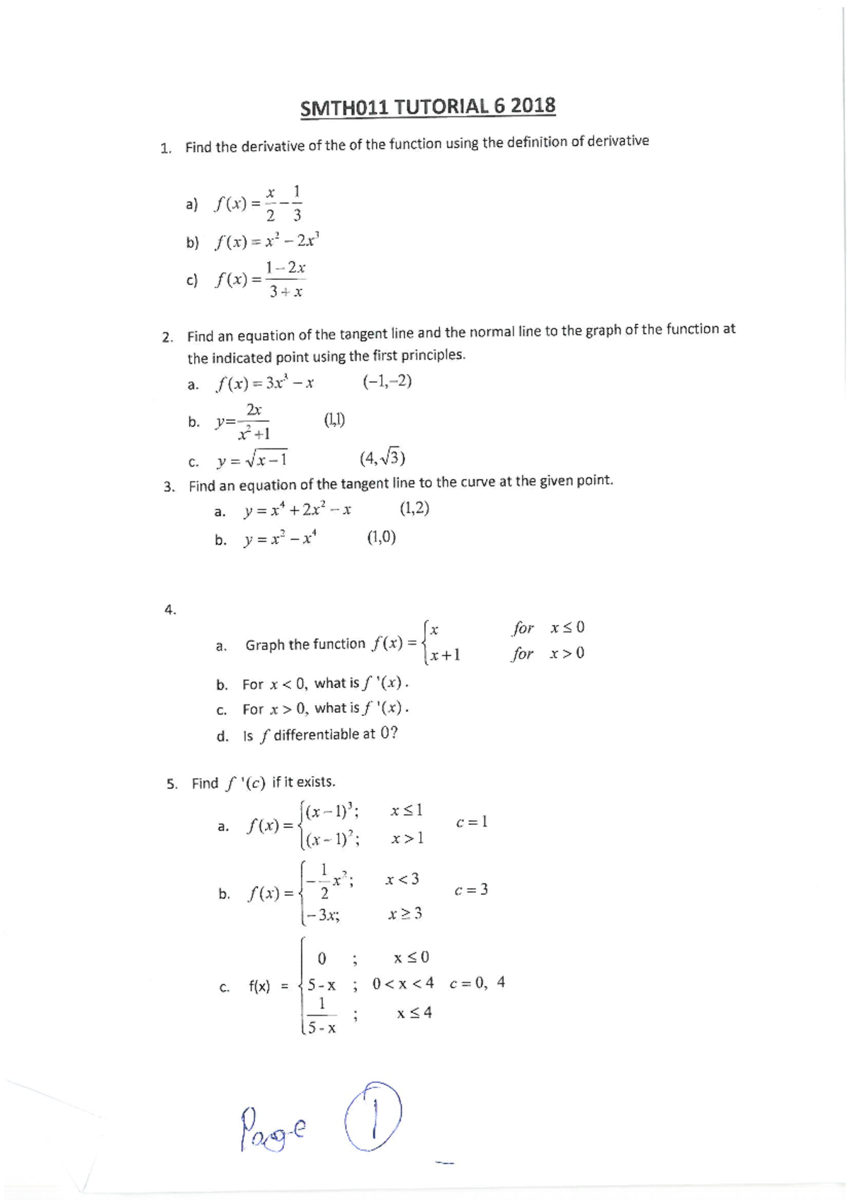 Tut 6 Smth011 Tutorial 6 2018 1 Find The Derivative Of The Of The
