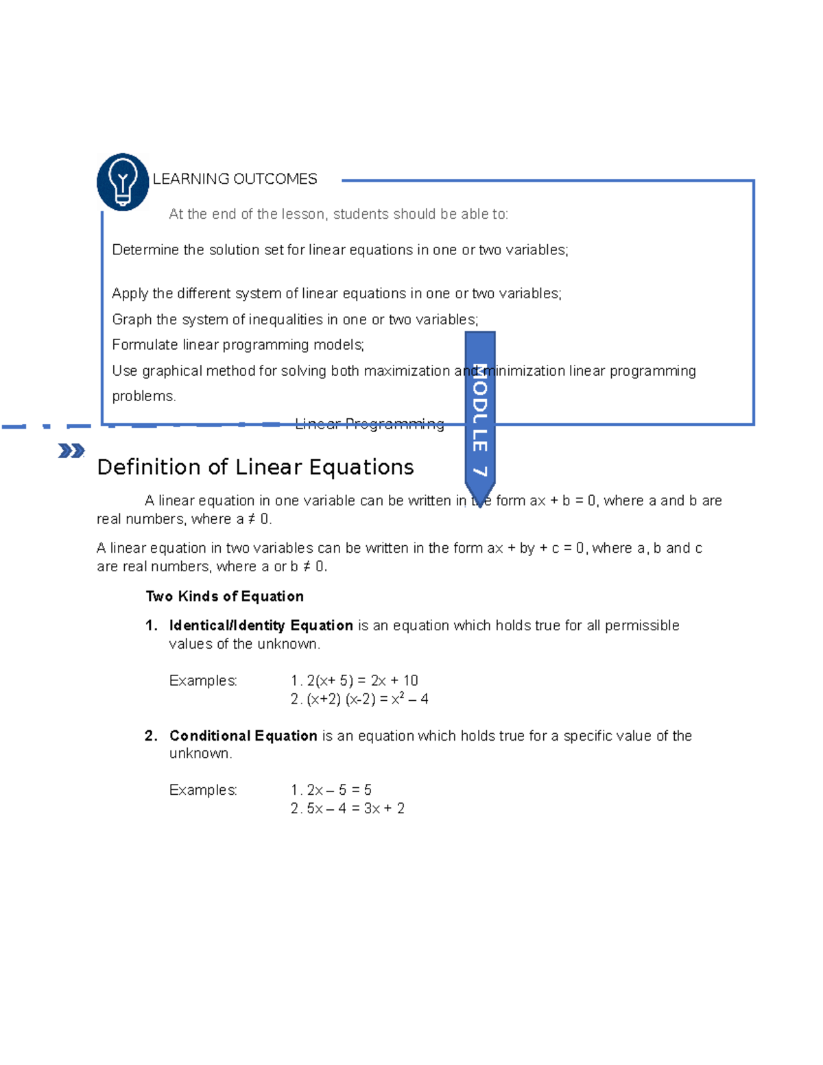 MATH 1 Module 7 Linear Programming 1 - Definition of Linear Equations A ... MATH 1 Module 7 Linear Programming 1 - Definition of Linear Equations A ...