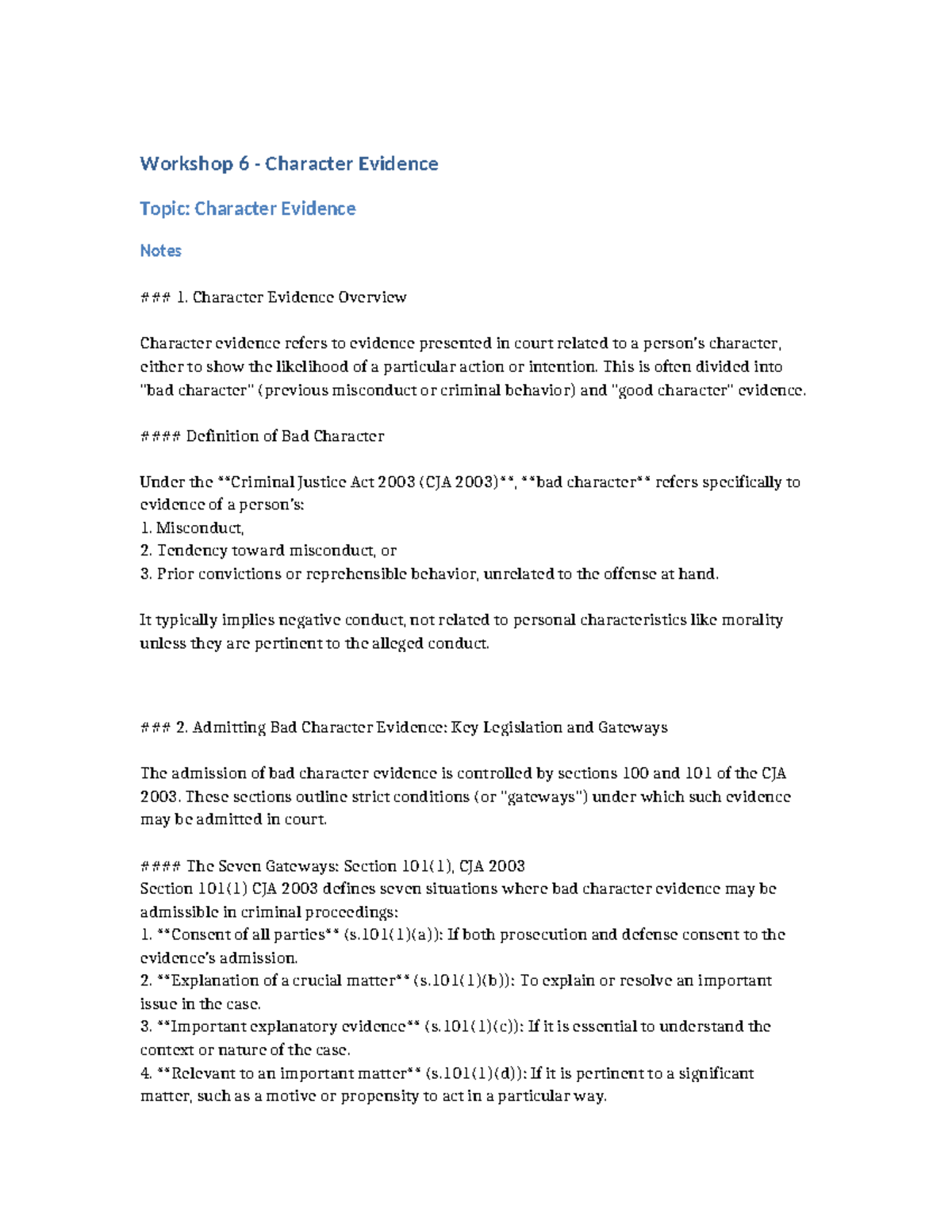 Character Evidence Workshop Cornell Notes - Workshop 6 - Character ...