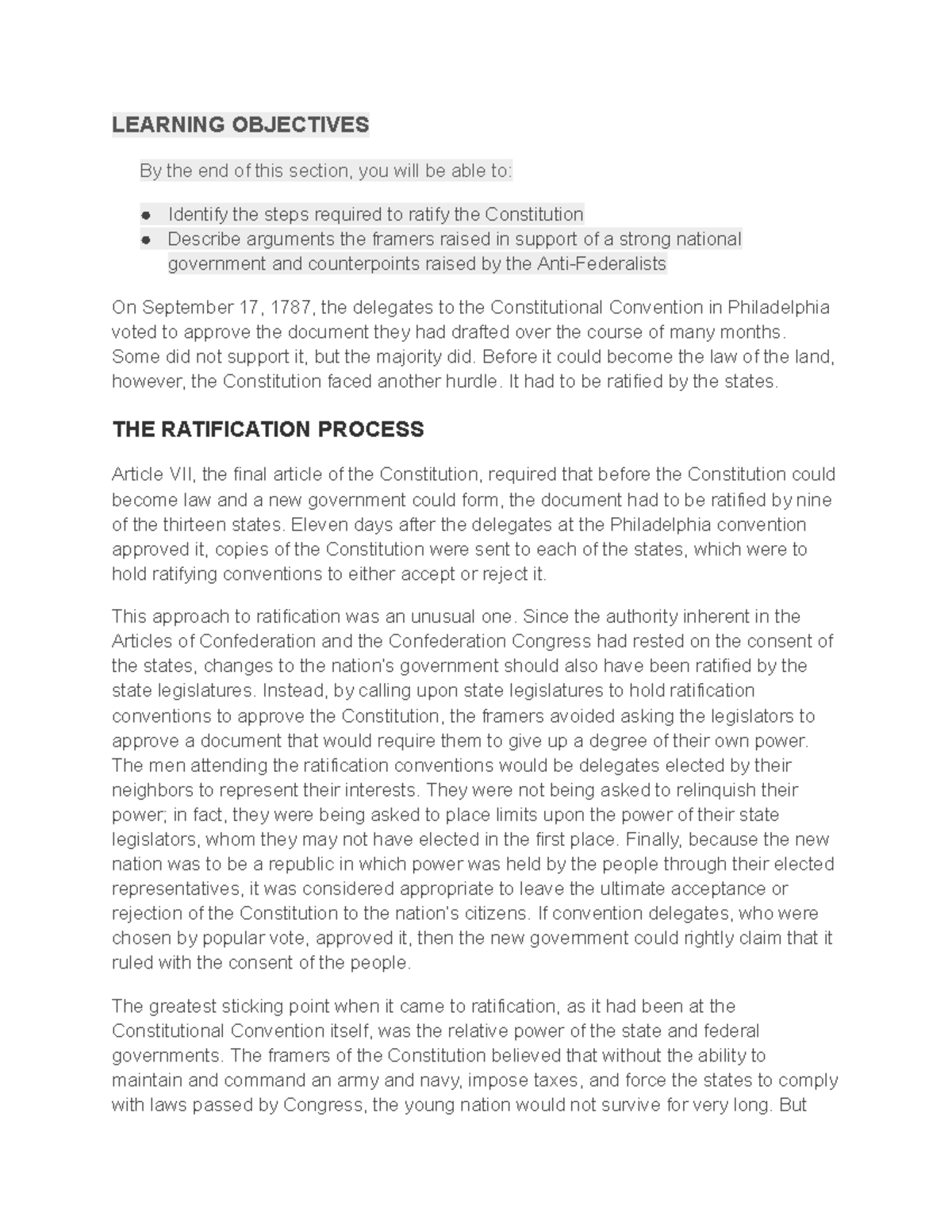 The Ratification of the constitution - LEARNING OBJECTIVES By the end ...