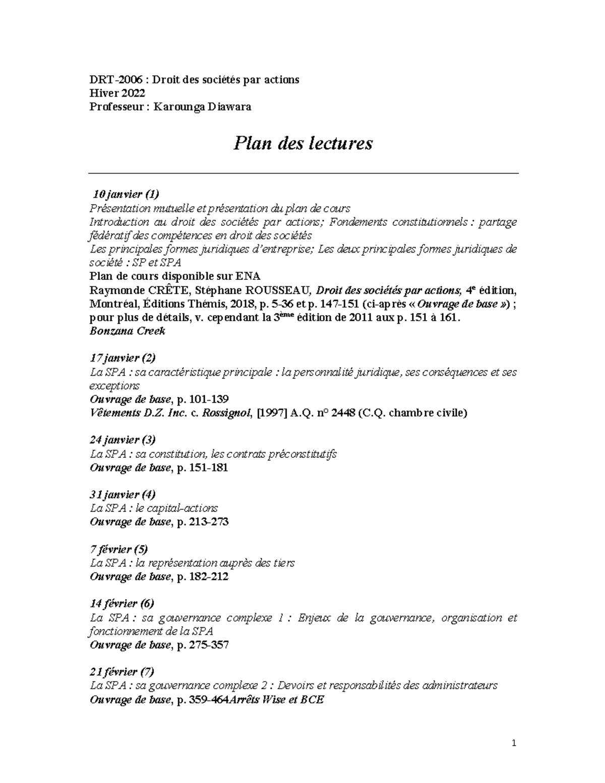 Plan de lecture - 1 DRT-2006 : Droit des sociétés par actions Hiver 2022 Professeur : Karounga ...