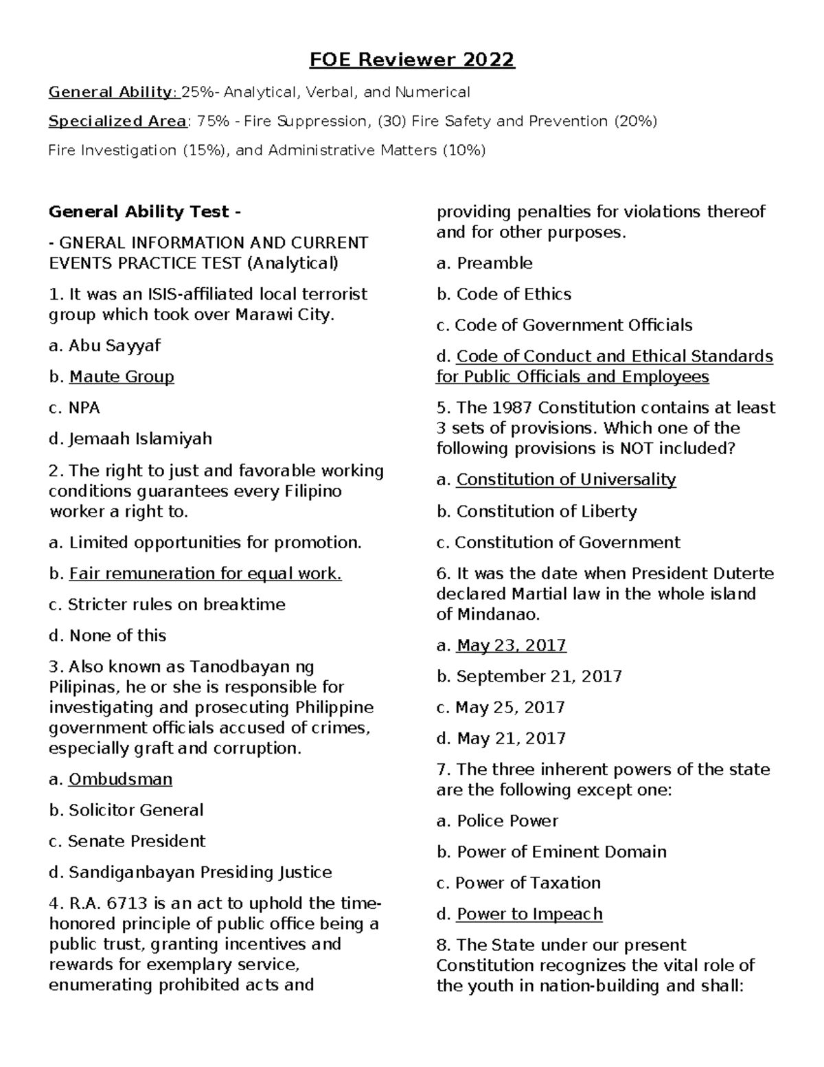 FOE Reviewer 2022 - Notes - FOE Reviewer 2022 General Ability: 25% ...