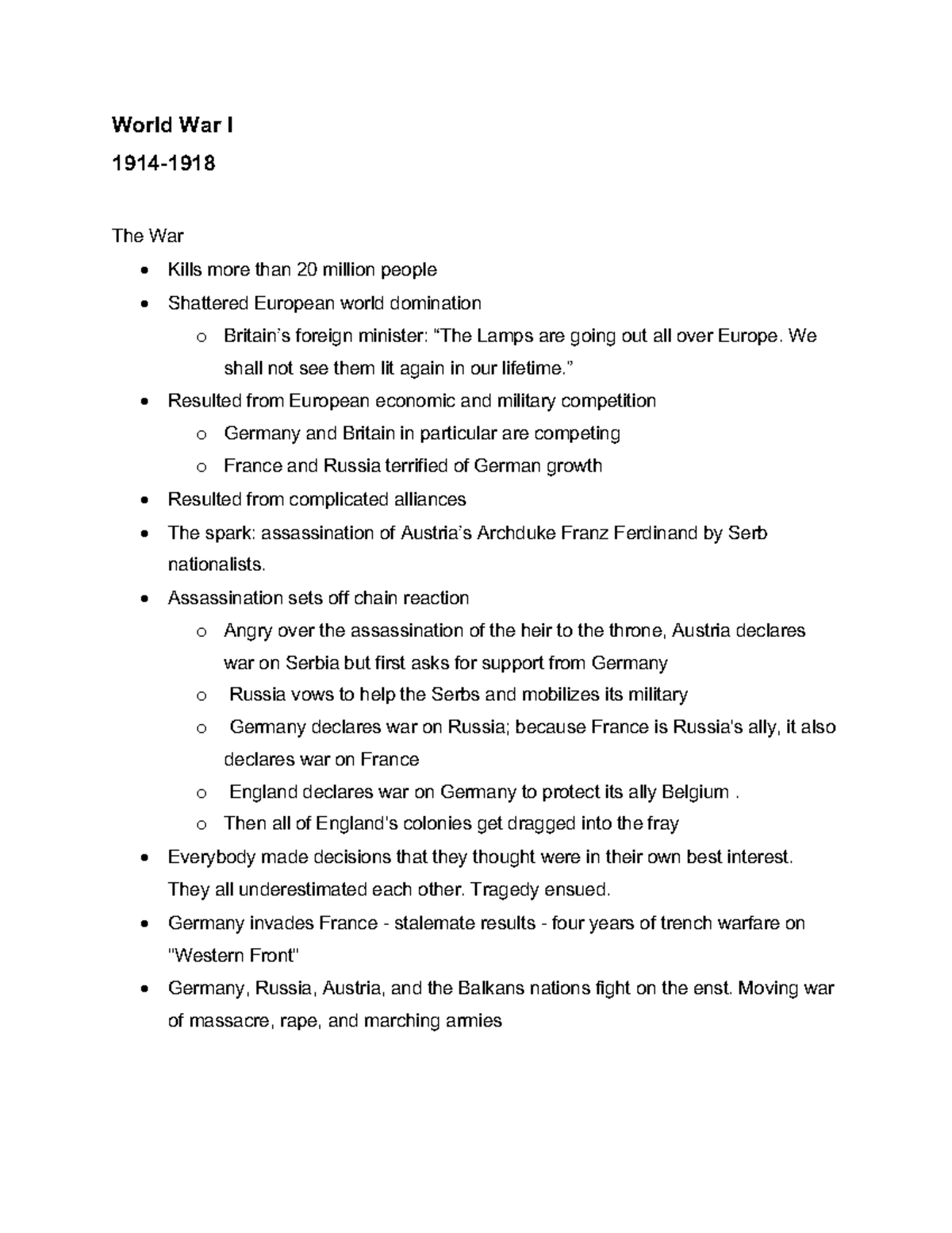 Slide notes exam 2 - World War I 1914- The War - Kills more than 20 ...