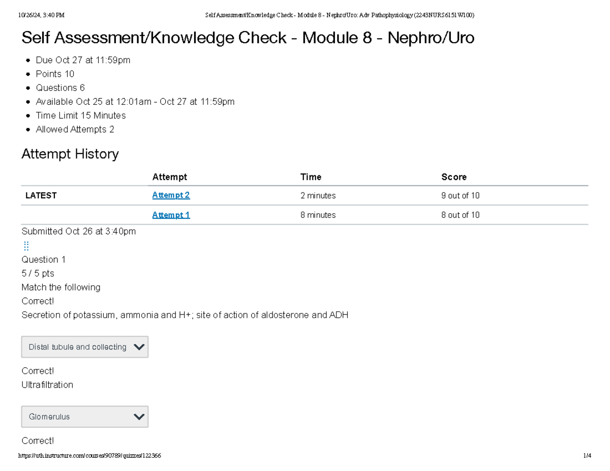 Self Assessment Knowledge Check - Module 8 - Nephro Uro Adv Pathophysiology (2243NURS6151W100 ...