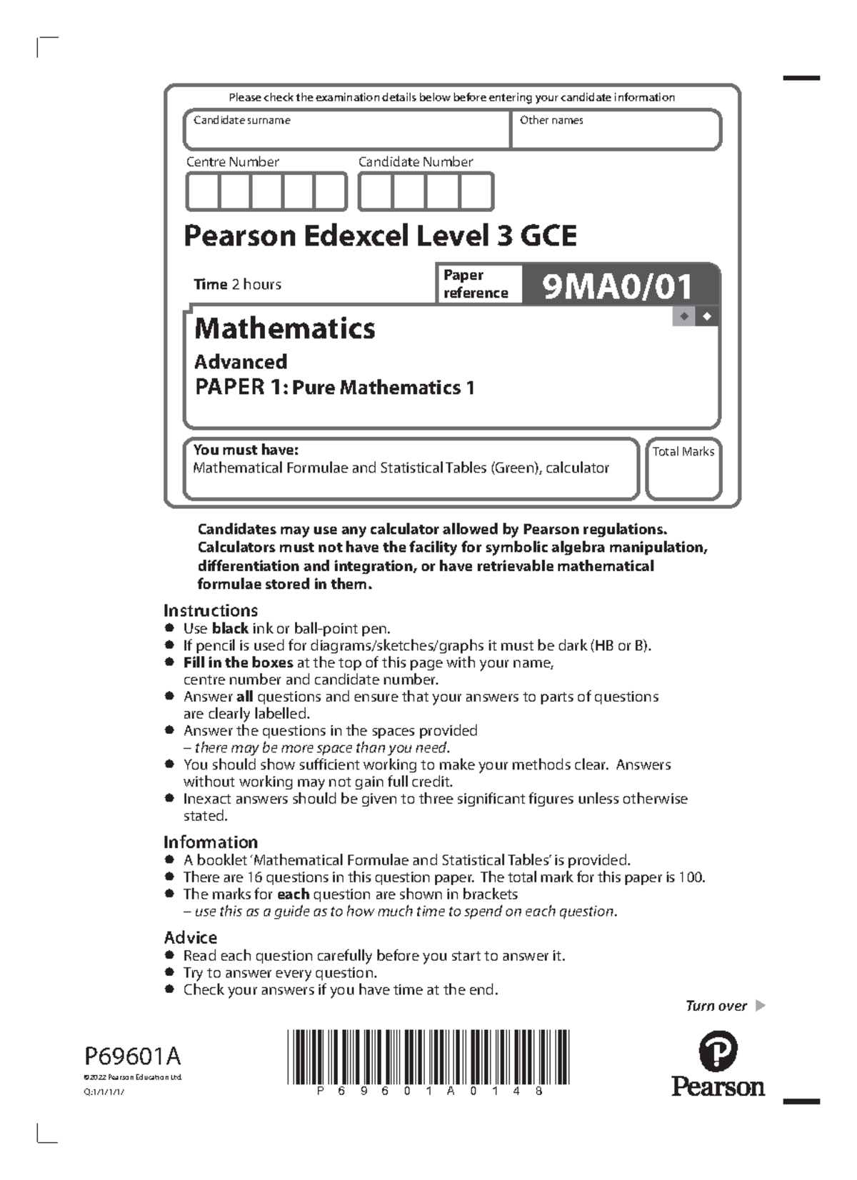 Edexcel A Level Maths June 2022 Paper 1 QP - Centre Number Candidate ...
