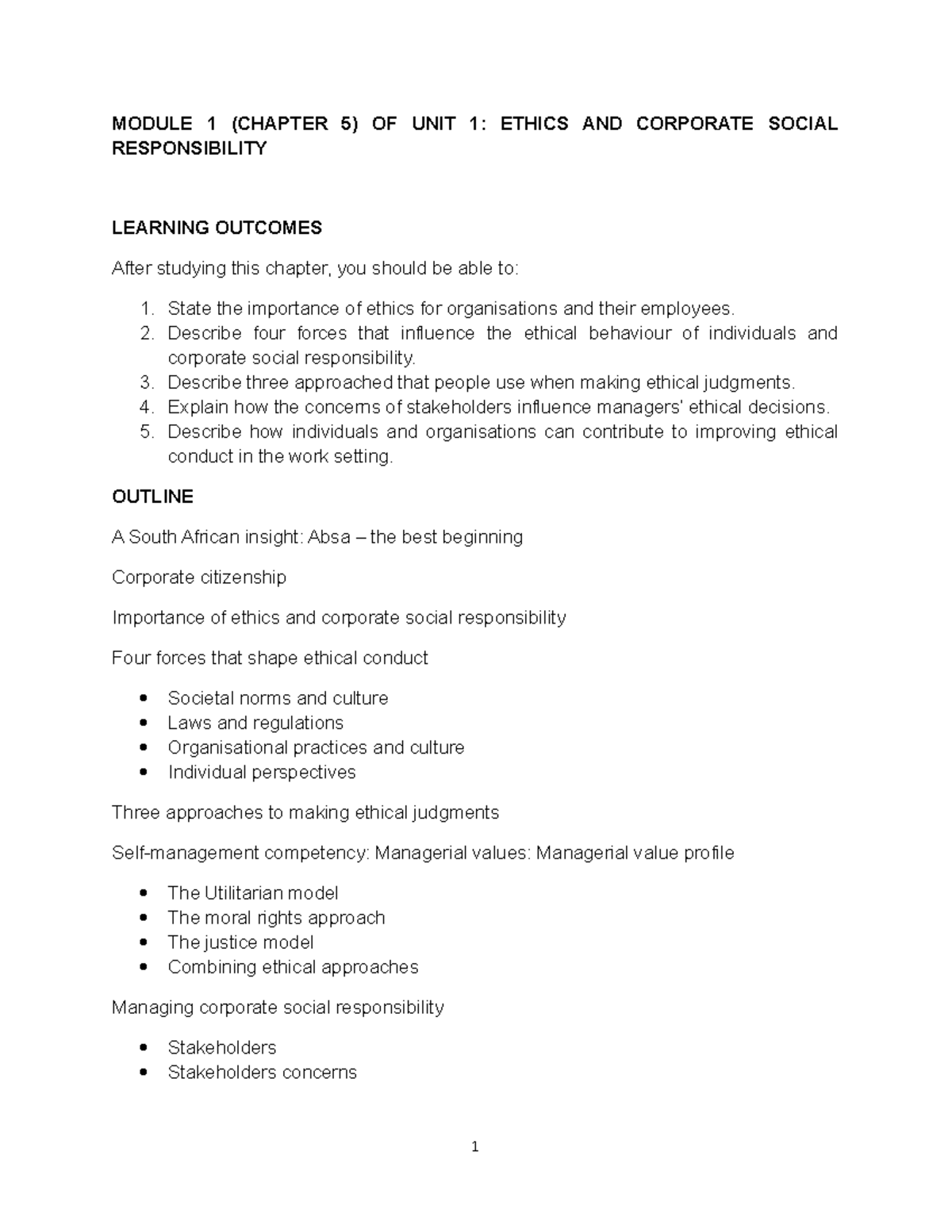 Module 1 (Chapter 5) of Unit 1 - Ethics and Corporate Social ...