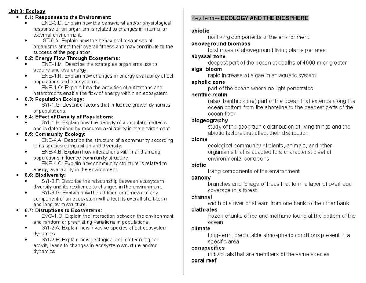 Unit 8 essential learning and key terms - Unit 8: Ecology 8: Responses ...
